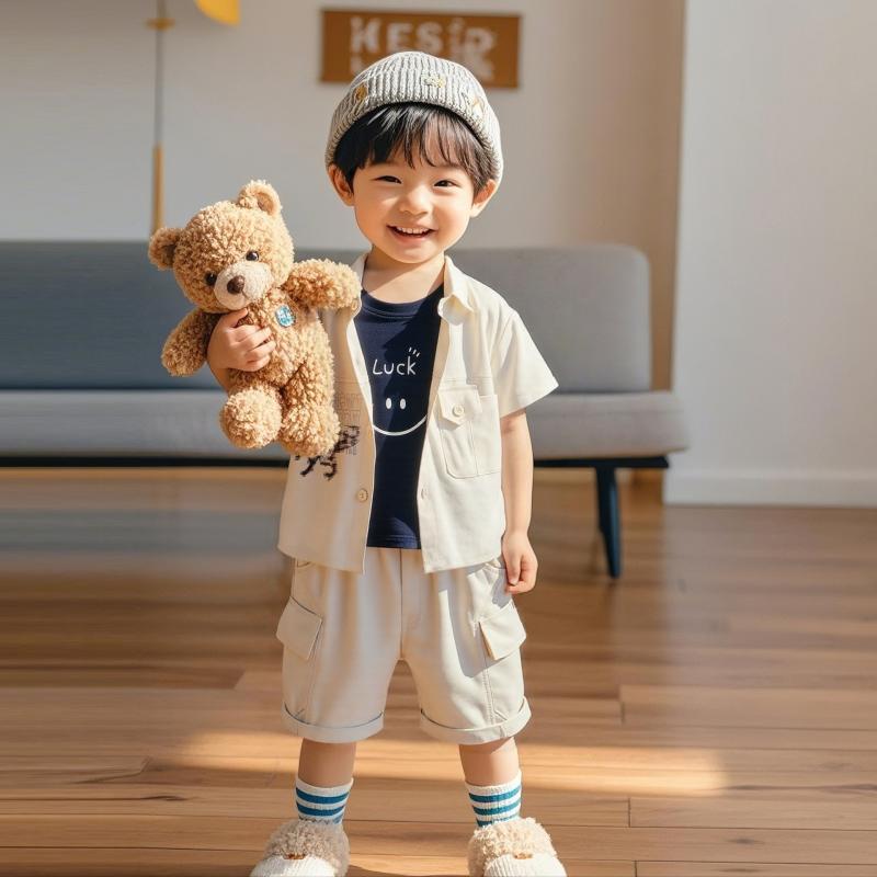 ・スタイル: 韩版・套装タイプ: 裤套装・セット内容: 服装・対象年齢: 婴幼童(1~3歳，80~100cm)・シーズン: 夏季・袖丈: 半袖・パンツ丈: 五分裤/中裤・生地加工: 柔软处理・厚さ: 薄手・柄: 动物,条纹,格子,纯色,卡通...