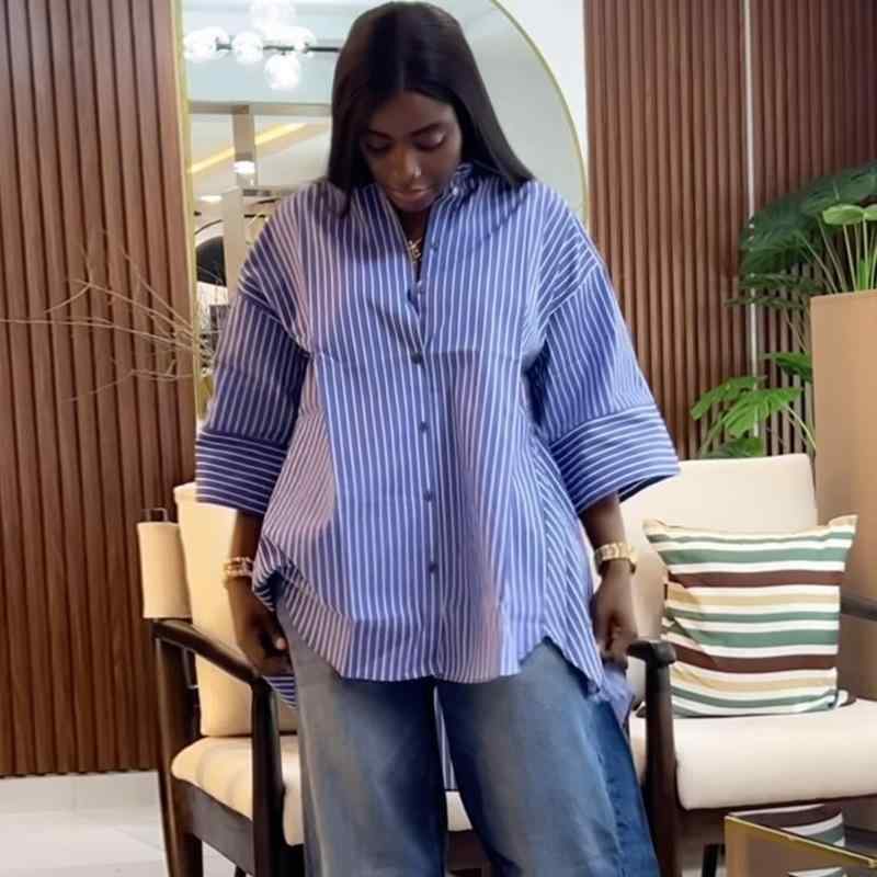 レディース シャツ トップス 長袖 ビッグシルエット スリムシルエット ブルー ストライプ 夏 綿 軽量 伸縮性 吸湿速乾 普段使い 通勤用・カテゴリ: シャツ・スタイル: フレッシュ・主な素材: ポリエステル90-95%・ネックライン: ...