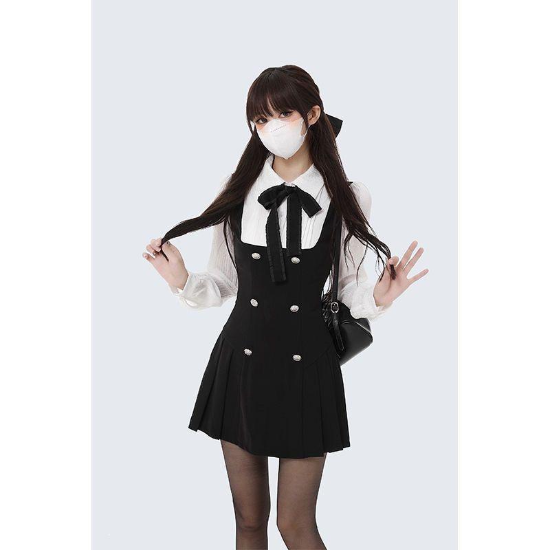 ワンピース 女の子 お嬢様風 ウエストシェイプ スリム フレンチ サスペンダー フェイク ツーピース 春秋 普段使い 軽量 綿 ブラック アイボリー 伸縮性・カテゴリ: ワンピース・スタイル: フェイクツーピース・主な素材: ポリエステル9...