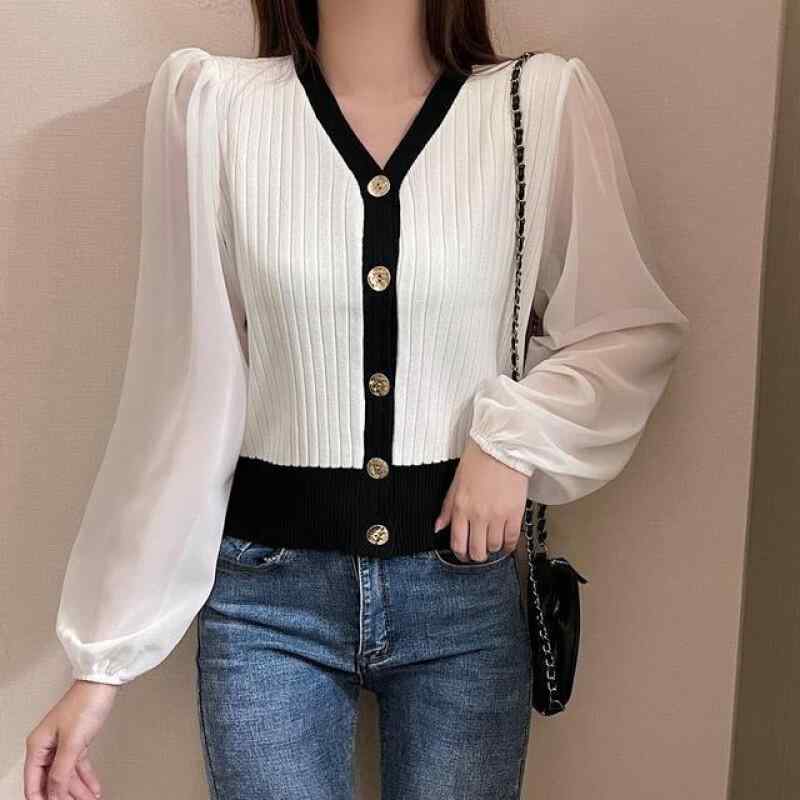 [ "・生地: シフォン", "・スタイル: アーバンカジュアル", "・素材: ポリエステル", "・要素: ボタン", "・ネックライン: Vネッ...