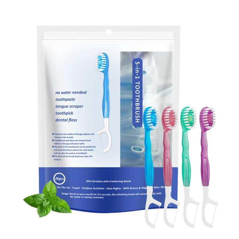 5-in-1ミニ使い捨て歯ブラシ（歯磨き粉付き）仕事用・旅行用 26個入り5-IN-1多機能歯ブラシ：この携帯用歯ブラシ、歯磨き粉、つまようじ、舌クリーナー、合計1本は旅行に最適です。それぞれの歯ブラシは、より衛生的なお口のために、徹底的に...