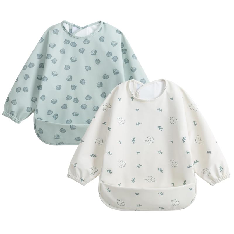 [Little Dimsum] お食事エプロン長袖 ベビー 食事用 防水 離乳食 スモック 保育園用 幼稚園用 6-36ヶ月 (2枚セット)