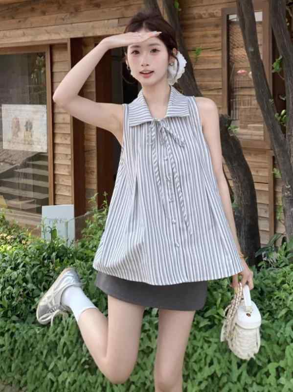 ・カテゴリ: シャツ・スタイル: 清新甜美、学院風、快適レジャー・主な素材: ポリエステル90-95%・柄: ストライプ/チェック・デザイン: カーディガン・袖丈: ノースリーブ・加工: パッチワーク/スプライス・フィット: ルーズフィット...