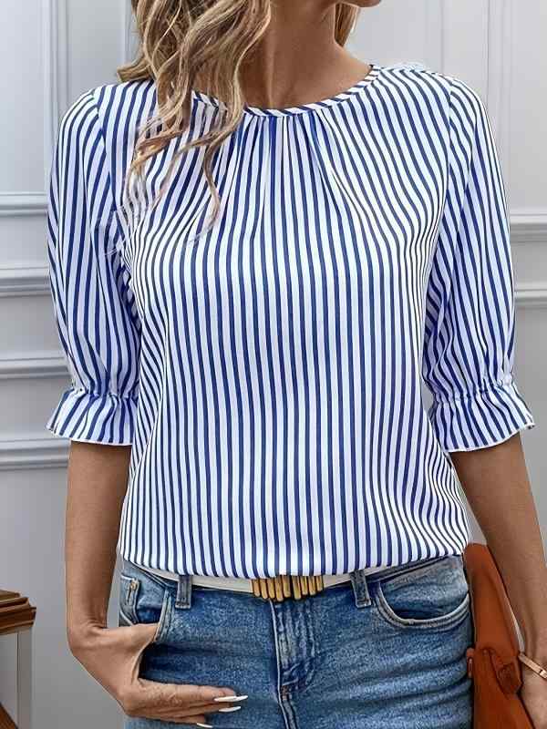 ・カテゴリ: シャツ・スタイル: 清新風・主な素材: ポリエステル95%以上・柄: 条紋・袖丈: 長袖・加工: ノーアイロン・シルエット: 不規則型・着丈: 普通(50-65cm)・ネックライン: ラウンドネック・袖型: ストレートスリーブ...