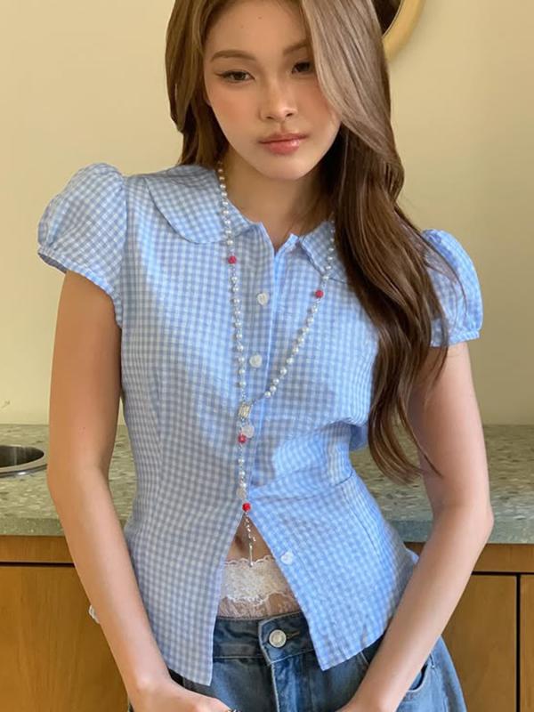 ・カテゴリ: シャツ・主な素材: 綿95%以上・柄: 復古条紋・スタイル: 都市風・袖丈: 短袖・袖型: 泡泡袖・カラー展開: 白色、黒色、藍色・サイズ展開: S、M、L・ネックライン: 翻領・流行要素: ボタン、撞色・版型: 収腰型・衣長...