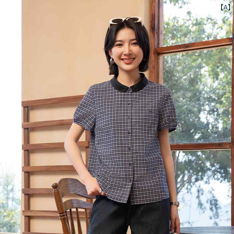 ・主な素材: 綿100%・柄: 条紋/格子・スタイル: 通勤・袖丈: 短袖・版型: ワイド・衣長: 普通(50-65cm)・ネックライン: スタンドカラー・袖型: ストレート・カラー展開: ブルーチェック、ブラウンチェック・サイズ展開: M...
