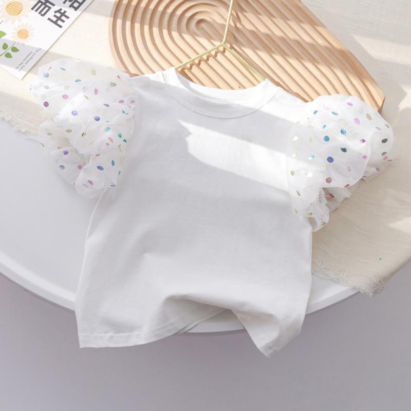 ・性別: 女・スタイル: 韓版・フード: なし・袖丈: 短袖・年齢層: 中小童(3~8歳)・身長対応: 100~140cm・加工: 柔軟処理・柄: 無地・要素: レース、可愛い、網纱・主素材: 綿95%・安全基準: B類・ネックライン: ラ...