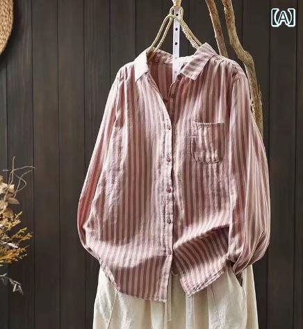 ・主な素材: 綿70-80%・スタイル: 中国風、文艺復古・カテゴリ: シャツ・袖丈: 長袖、短袖・版型: ゆったり・襟型: スタンドカラー・袖型: スタンダード・カラー展開: ピンクストライプ長袖、グレーBluストライプ長袖、グリーンスト...