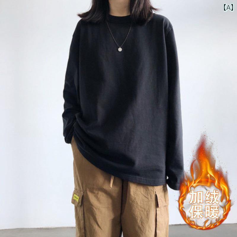 ・カテゴリ: Tシャツ・スタイル: 通勤風・主な素材: ポリエステル90-95%・柄: 無地・袖丈: 長袖・ネックライン: クルーネック・衣丈: 中長丈・カラー展開: ブラック加绒,ホワイト加绒・サイズ展開: M,L,XL,XXL