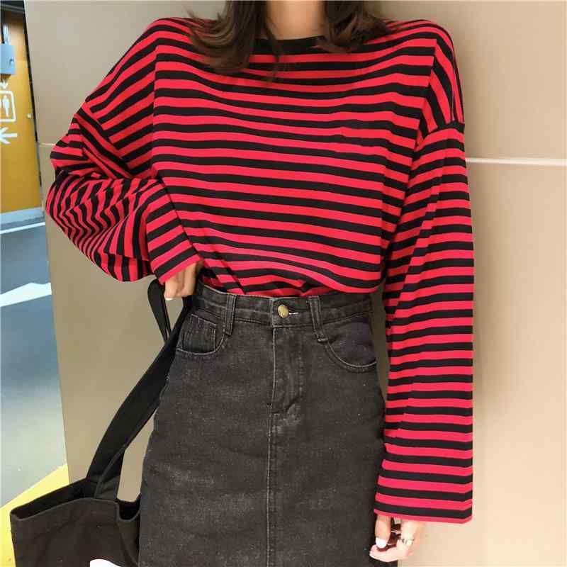 ・カテゴリ: Tシャツ・スタイル: 街頭・主な素材: ポリエステル91-99%・柄: ストライプ・袖丈: 長袖・加工: プリント・版型: ルーズフィット・衣長: 中長丈・ネックライン: クルーネック・袖型: 通常袖・流行要素: プリント、ボ...