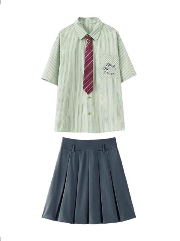 ・パターン: 条紋・スカート丈: 短め・流行要素: 領帯・技法: ピース/スプライス・主素材: ポリエステル・カラー展開: 緑シャツ（リボン付き）、グレーAライン（安全パンツ付き）、セット・サイズ展開: S、M、L、XL・スタイル: 清新甘...