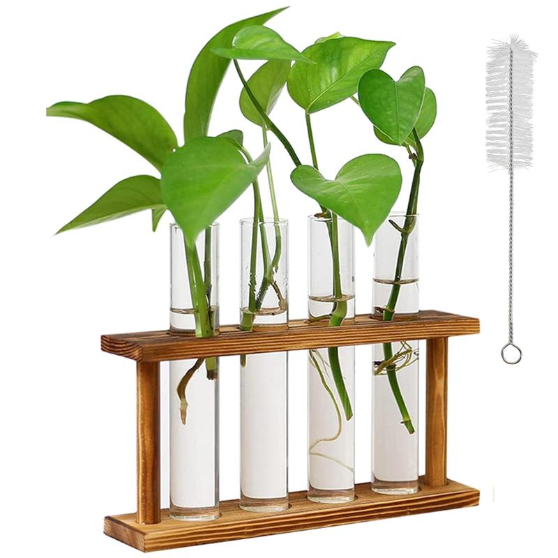 試験管ガラス花瓶 水耕栽培 容器 ガラス 試験管 花瓶 セット 木製スタンド付き 植物繁殖ステーション チューブ 花瓶 一輪挿し 花瓶 ブラシ付 玄関 オフィス お店 部屋飾り💐【高品質素材】🌱水耕植物繁殖ス...