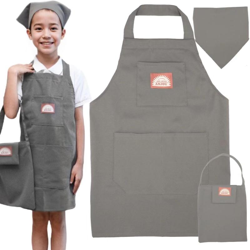 [ANJOU] (5色展開)エプロン子供 三角巾セット 子供 エプロン 男の子 女の子 袋付き しわになりにくい 防水 汚れ防止 シンプル 男女兼用 ポケット付き 無地 着脱簡単 小学校シンプルなデザイン: 無地の北欧風デザインで、男女兼用...