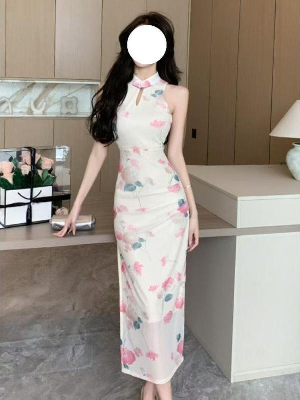 ・柄: 碎花・スタイル: 気質通勤、中国風・スタイル: 気質優雅・仕様: セットアップ・組み合わせ: 単品・スカート丈: ロングスカート・スカート形状: ヒップハングスカート・ネックライン: チャイナカラー・袖丈: スリーブレス・ウエスト:...