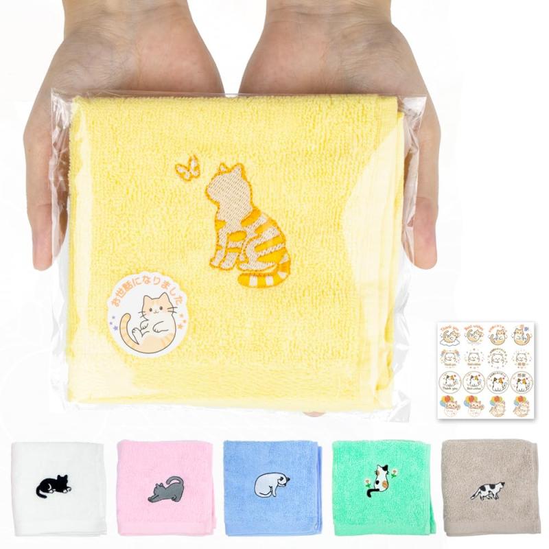 [Bomiae] タオルハンカチ 子供 レディース ハンカチタオル ギフト ハンドタオル ネコ刺繍 可愛い猫 プチギフト 女性 ハンカチ 個包装 退職 お礼 贈り物タオルハンカチ 子供 レディース ハンカチタオル ギフト ハンドタオル セット