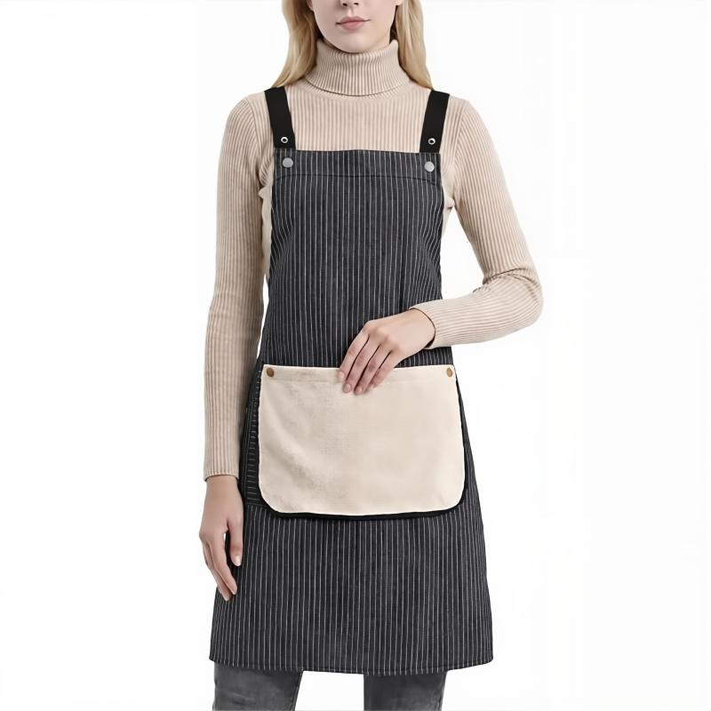 [IOLOYU] エプロン 防水 防油 ハンドタオル付き クロスバック 前掛け ポケット付き 家庭用 料理教室用 カフェ 飲食店 キッチンエプロン 男女兼用 シンプル ストライプ1【ハンドタオル一体型・家事効率アップ】：エプロンの前ポケット...