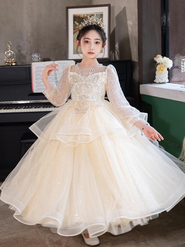 ・カテゴリ: 童礼服・対象年齢: 3~8歳・対象身長: 100~140cm・対象性別: 女・主な素材: ポリエステル90~95%・裏地素材: ポリエステル・袖丈: 長袖・デザイン要素: プリンセス、チュール・カラー展開: 香槟色、白色・サイ...