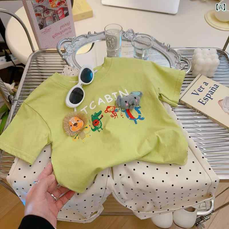 ・カテゴリ: 童T恤・スタイル: 休闲・袖丈: 短袖・主な素材: 棉95%、氨纶5%・ネックライン: 圆领・柄: 卡通、字母・要素: 卡通、可愛・機能: 吸湿排汗・カラー展開: 緑、米杏色・サイズ展開: 100、110、120、130、14...