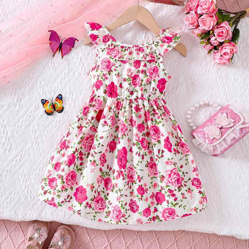 ・カテゴリ: 童裙・スタイル: 甜美・主な素材: ポリエステル100%・柄: 花朵・要素: 田园・カラー展開: 杏色、藍色、玫红色・サイズ展開: 2-3Y、4Y、5Y、6Y、7Y