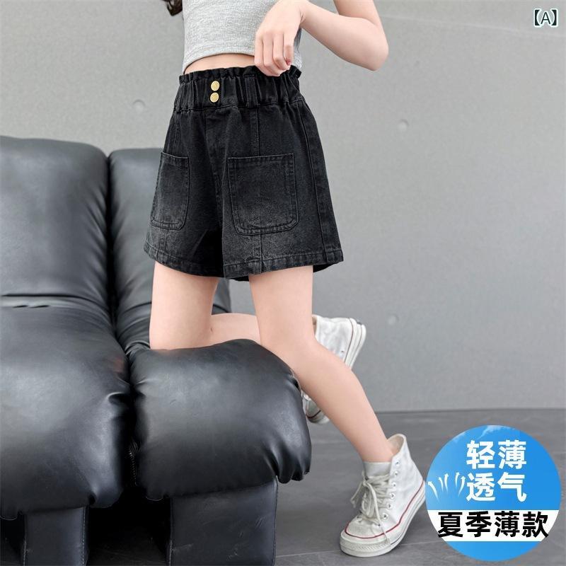 ・スタイル: 韓版・主な素材: 綿65%・カテゴリ: 子供用パンツ・スタイル: デニムパンツ・丈: ショート・性別: 女・年齢: 中大童・パターン: 無地・ウエスト: ミッドライズ・クロージャー: ゴムウエスト・カラー展開: 炭黒・サイズ展...
