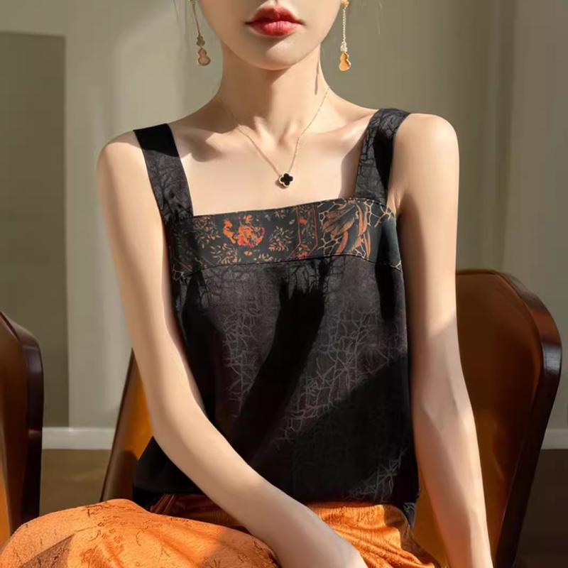 ・スタイル: 中国風・ネックライン: 吊帯・シルエット: ストレート・柄: 植物花卉・流行要素: プリーツ・素材: サテン・主素材: 絹30-50%・カラー展開: イエロー、クラシックブラック、ダークグリーン・サイズ展開: XL、2XL、3...