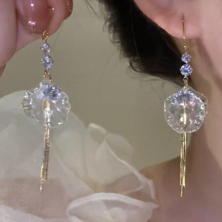 ・製品カテゴリ: 耳飾・スタイル: 清新甜美・素材: 銅・カラー展開: 透明ベル流蘇・流行要素: アイスフラワー