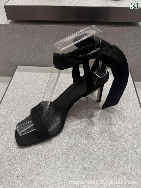 ・カテゴリ: 绑带凉鞋・カラー展開: 黒色、粉色、银色・サイズ展開: 34、35、36、37、38、39、40・素材: 绸缎・形状: 方头・ソール素材: 橡胶・内側素材: 超纤・着用方法: 缠绕带、交叉带・ヒール高さ: 6-8cm・ヒールタ...