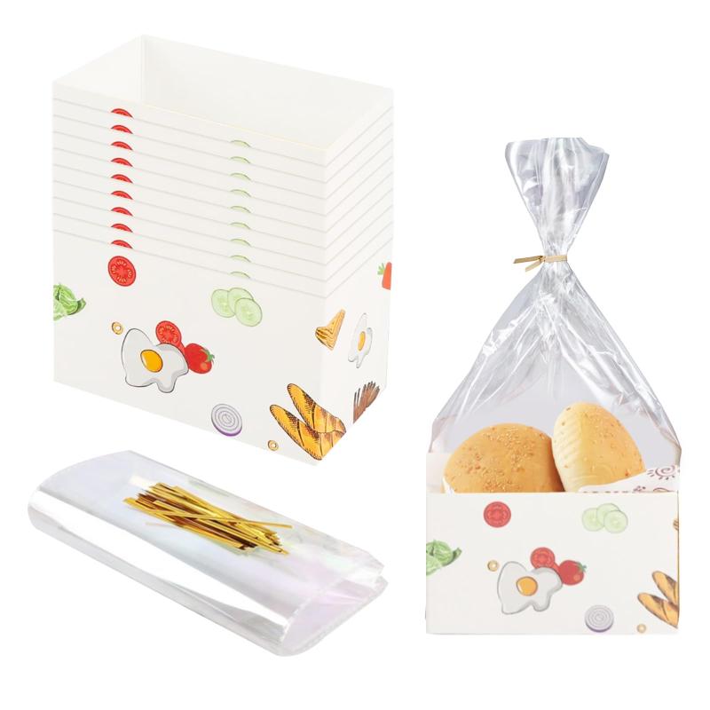 koundeneko サンドイッチ包装 100点セット(ケース50個+OPP袋50枚) 可愛い 目玉焼き 柄 サンドイッチ用 使い捨て ラッピングペーパー パン マフィン クッキー デザート 包み紙 業務用