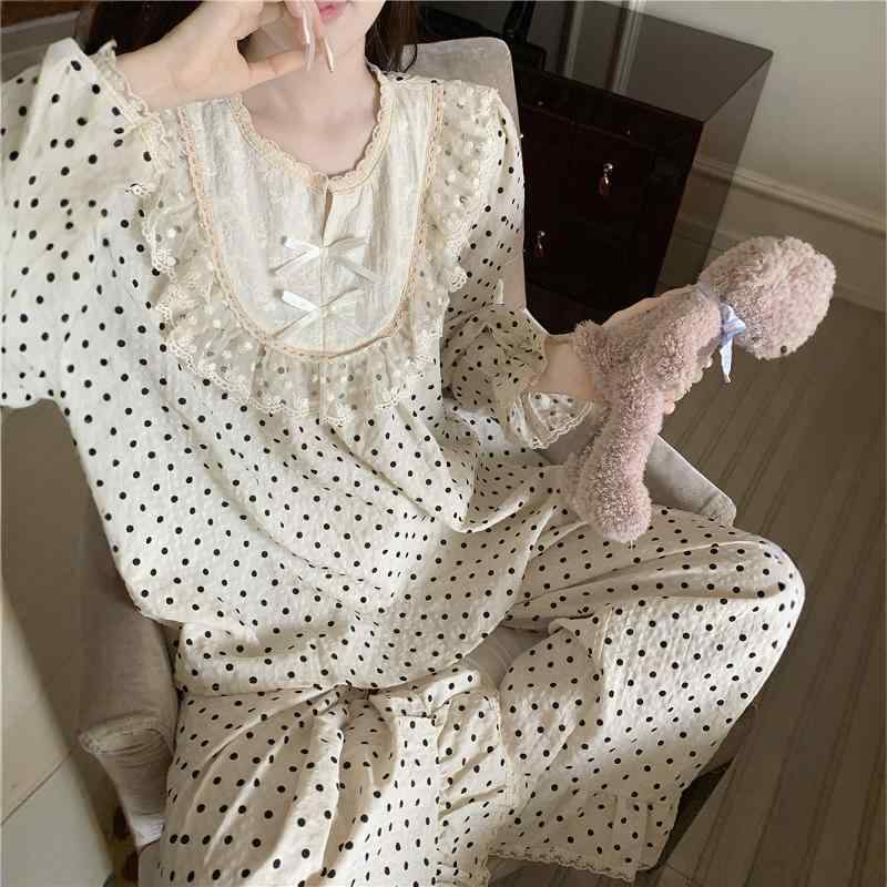 ・カテゴリ: 睡衣・スタイル: 印花, 甜美可愛風・ネックライン: 丸首・袖丈: 長袖・パンツ丈: ロングパンツ・カラー展開: ドット柄・サイズ展開: M, L, XL, XXL