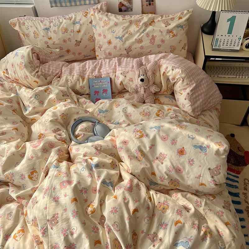 ・素材: 綿100%・生地支数: 60支・染色方法: 活性染色・織り方: プリント・重さ: 1500g以上2000g未満・柄: カードゥーン、植物花卉・スタイル: ベッドシーツ式+ベッドスカート式・サイズ展開: 0.9m用三件セット（150...