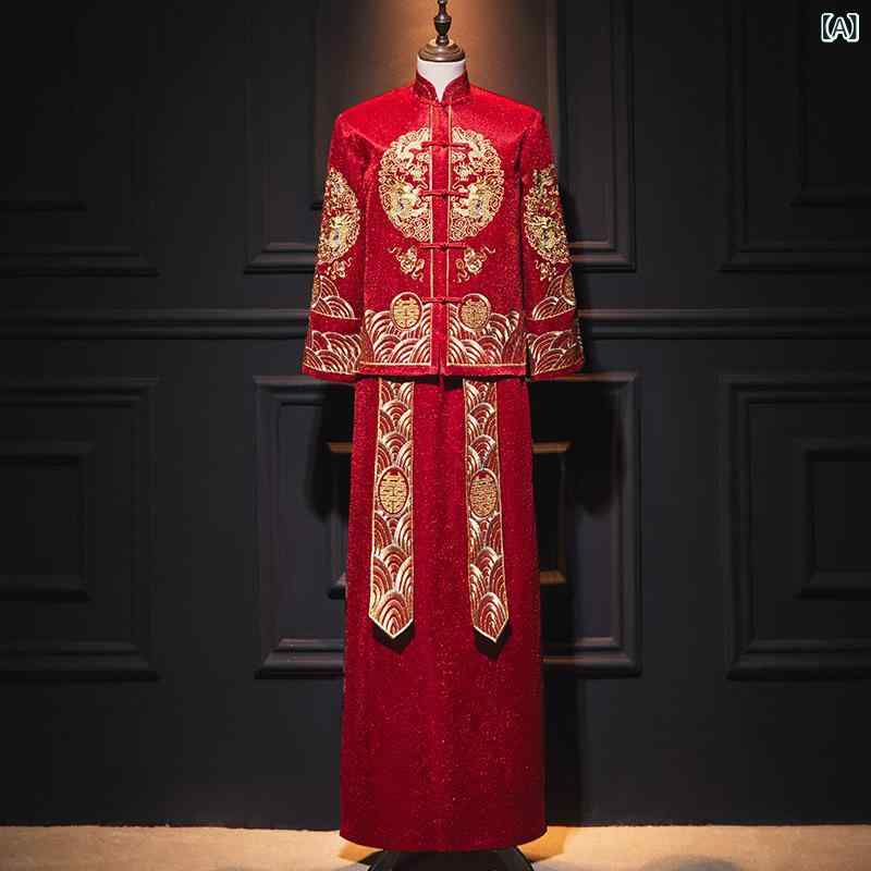 ・カテゴリ: 唐装・主な素材: ポリエステル90%・カラー展開: 花嫁男装・サイズ展開: S,M,L,XL,2XL,3XL・適用シーン: 婚礼・対象性別: 男性