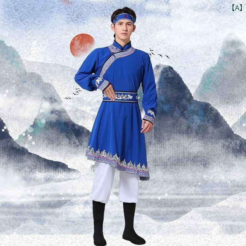 ・スタイル: 普通舞台装・柄: 条紋・対象性別: 男・対象年齢: 成年・種類: 民族舞蹈・主な素材: 聚酯纤维（涤纶）・裏地素材: 綿・カラー展開: ブルー上衣加頭飾加腰帯、ブルー上衣加頭飾加腰帯加褲子加脚套、白上衣加腰帯加頭飾、白上衣加腰...