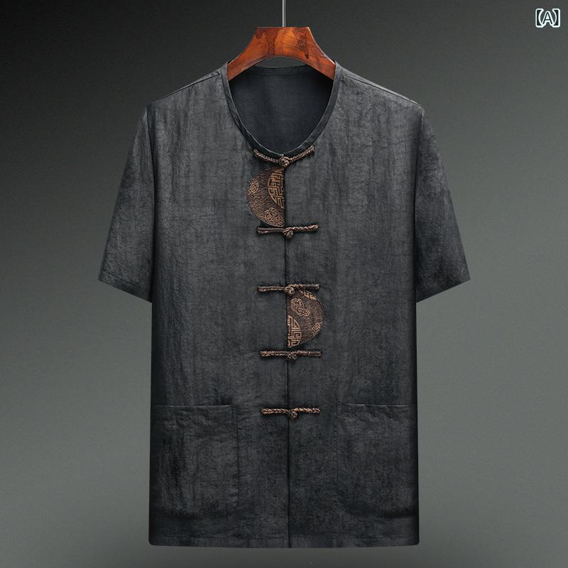 ・カテゴリ: 民族服装・主な素材: 真絲100%・スタイル: 復古、休闲・適用シーン: 休闲・適用対象: 中年男性・デザイン詳細: 拼色・技法: 拼貼/拼接・カラー展開: 黒色【上衣のみ】、黒色套装【上衣+パンツ】・サイズ展開: M、L、X...
