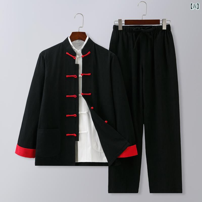 ・カテゴリ: 唐装・スタイル: 中国風・主な素材: 綿70%・適用シーン: 休闲・詳細デザイン: 多口袋・製法: 針織・カラー展開: 黒色紅扣、黒色白袖、紺色紅扣、紺色白袖、赤色青扣黒パンツ、赤色白袖黒パンツ・サイズ展開: M、L、XL、2...