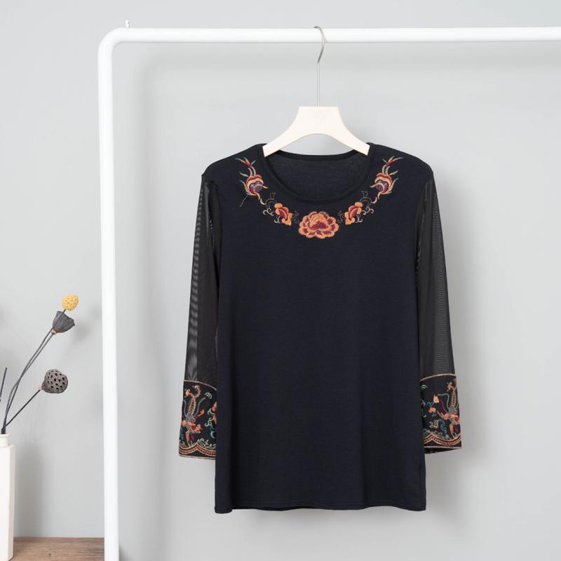 ・カテゴリ: Tシャツ・スタイル: 文艺复古、中国风・主な素材: 莫代尔95%以上、氨纶30%以下・ネックライン: 圆领・袖丈: 七分袖・袖型: 常规袖・柄: 刺绣/绣花・流行元素: 纱网・フィット: 宽松型・カラー展開: 黒色・サイズ展開...