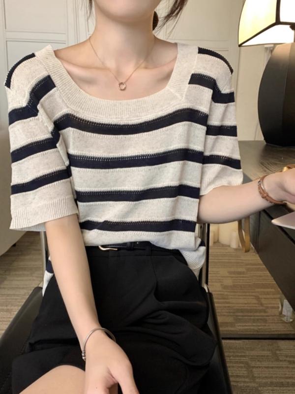・パターン: 条紋・厚さ: 中厚・スタイル: セットアップ・フィット: ルーズフィット・袖タイプ: ショートスリーブ・ネックライン: スクエアネック・流行要素: コントラストカラー・丈: 普通丈(50cm<丈≤65cm)・プロセス: ...