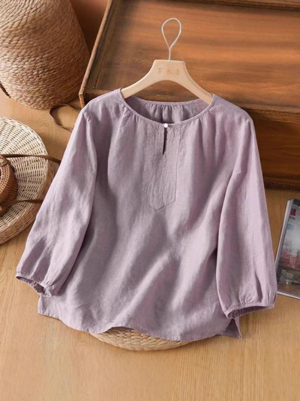 ・カテゴリ: Tシャツ・スタイル: 文艺風・主な素材: 麻95%以上・ネックライン: 圓領・袖丈: 長袖・柄: 無地・カラー展開: 浅紫色、小麦色・サイズ展開: S、M、L