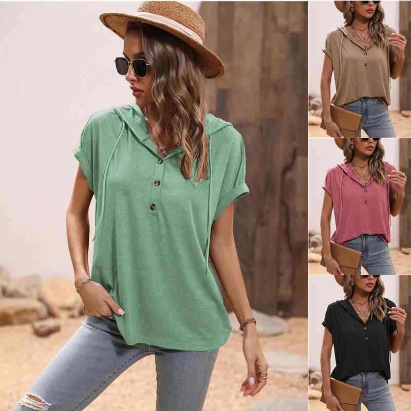 ・カテゴリ: Tシャツ・スタイル: 通勤風・主な素材: ポリエステル50-70%、綿30-50%・柄: 無地・ネックライン: フード・袖丈: 短袖・袖型: セットインスリーブ・デザイン要素: ボタン・フィット: ルーズフィット・着丈: 普通...