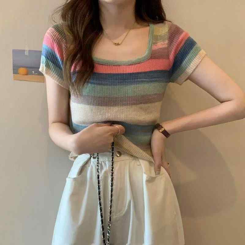 ・カテゴリ: Tシャツ・スタイル: 文艺風・主な素材: 锦纶30-50%、聚酯纤维30-50%・柄: 彩虹・袖丈: 短袖・衣長: 短款・ネックライン: 方領・袖型: 常规袖・カラー展開: 藍色、黄色、粉色、绿色・サイズ展開: S、M、L、XL