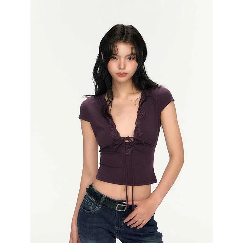 ・カテゴリ: Tシャツ・主な素材: ポリエステル95%以上・袖丈: 短袖・スタイル: 修身型・丈: 短款・ネックライン: Vネック・袖型: 標準袖・流行要素: 紐・カラー展開: ブラック、紫、ホワイト、ブルー・サイズ展開: S、M、L、XL