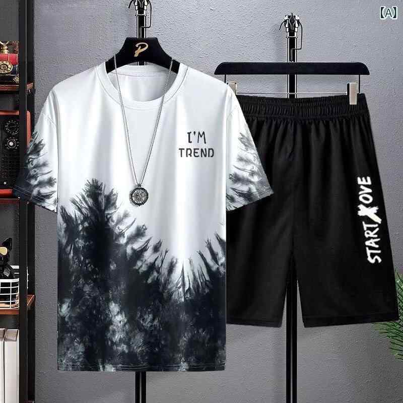 セットアップ メンズ 半袖 Tシャツ ショートパンツ 上下セット 接触冷感 グラデーション スポーツウェア 部屋着 カジュアル アウトドア 吸湿速乾 通気性 軽量 伸縮性 おしゃれ かっこいい 春夏・スタイル: 港風,・厚み: 薄手,・パン...