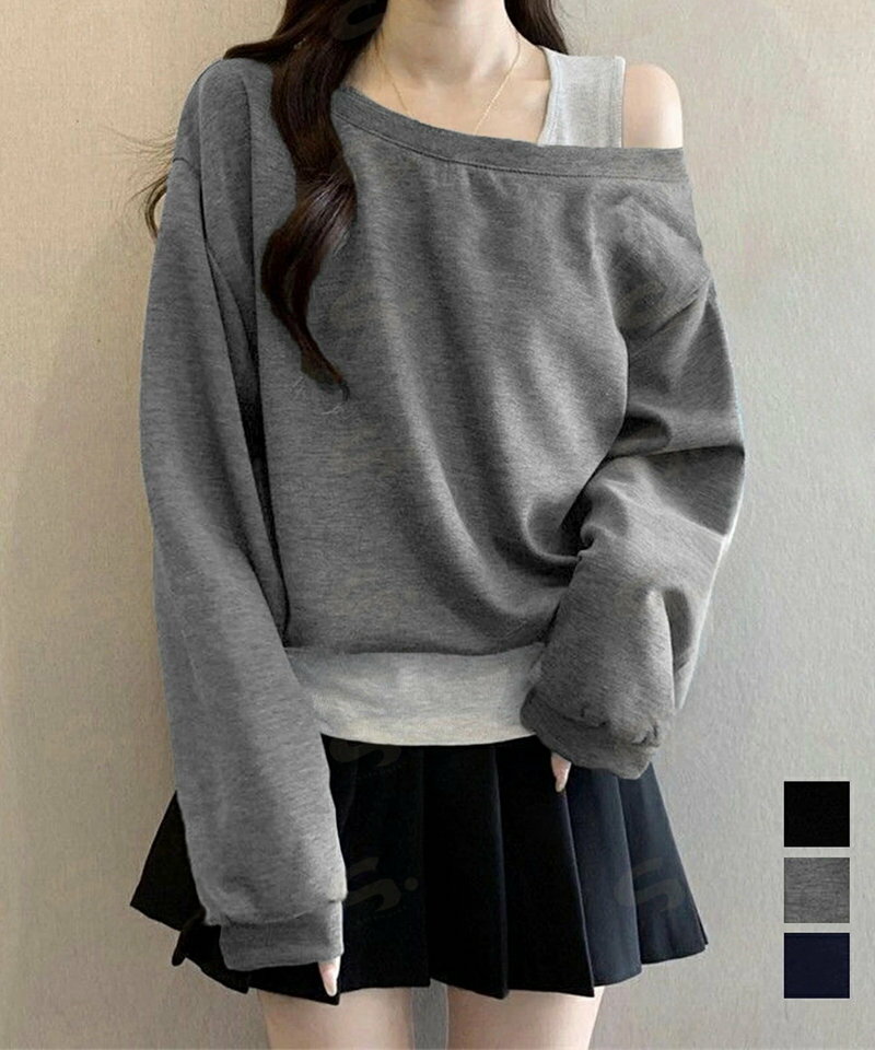 ■商品の特徴レディース 肩出し トップス カジュアル プルオーバー ゆったり トレーナー お洒落長袖トップス 韓国風 tシャツ 無地ゆったりとしたシルエットとオフショルダーデザインが特徴のレイヤード風スウェット。 カジュアルながらも、肩を見...
