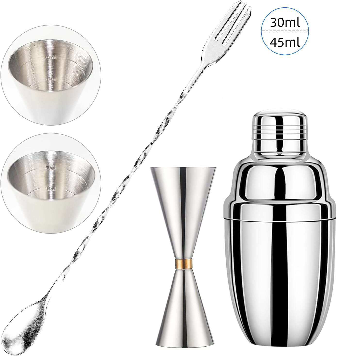 商品の説明 「内容」32cmバースプーン×1 「2セット内容」目盛り付き30ml/45mlジガーカップx 1、32cmバースプーン×1 「3セット内容」目盛り付き30ml/45mlジガーカップx 1、32cmバースプーン×1、350mlカク...