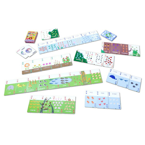 どうぶつ・うみのいきもの・むし・しょくぶつが登場！ 4種類の遊び方ができる、新感覚の楽しい知育トランプです。 トランプ、なまえおぼえ、かずおぼえ、絵あわせパズル で遊べます。 トランプの図柄に書かれた名前を隠してその名前を当てたり、図柄に書...