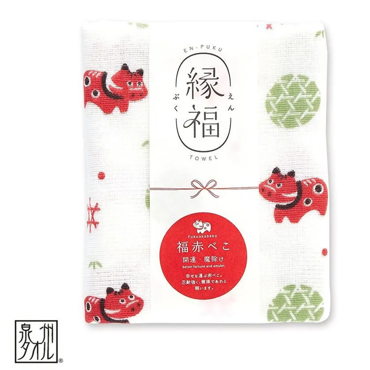 商品名縁福タオル　えんぷくたおる『 福赤べこ 開運・魔除け 』 本体サイズ約34×90cm 素材表：ガーゼ/綿100％ 裏：タオル/綿100％　 製造泉州日本製 幸せを運ぶ赤べこ。 忍耐強く、健康であれと 願います。贈り物を贈る、それは送り...