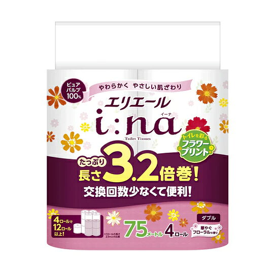 【エリエールi:na(イーナ)トイレット3.2倍巻4R(ダブル)プリントの商品詳細】 ■トイレを華やかに彩るプリントデザイン フラワープリントデザインで、トイレを華やかな空間にします ■3.2倍巻※80mで、便利さとエコがさらに進化！ ●独...
