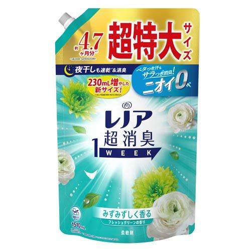 【レノア 超消臭1WEEK 柔軟剤 フレッシュグリーン 詰め替え 超特大の商品詳細】 ●夜干し*1も速乾*2 ＆消臭。天日干し以上のさわやかさ。 ●1週間ずーっと消臭*3。 ●ベタつきもブロック*4 ●何度汗をかいてもニオイ0へ*5 ●花粉...