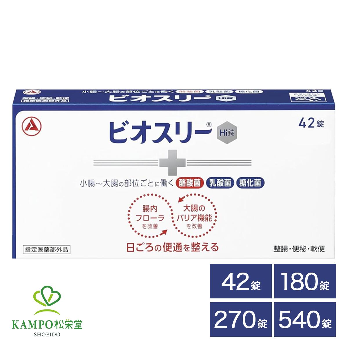 ●製品特徴 特徴01： ビオスリーは小腸から大腸の部位ごとに働く3つの活性菌（「酪酸菌」、「乳酸菌」、「糖化菌」）を配合しています。 特徴02： 腸内フローラと大腸のバリア機能を改善することで、日ごろの便通を整えます。 特徴03： 便秘や軟...