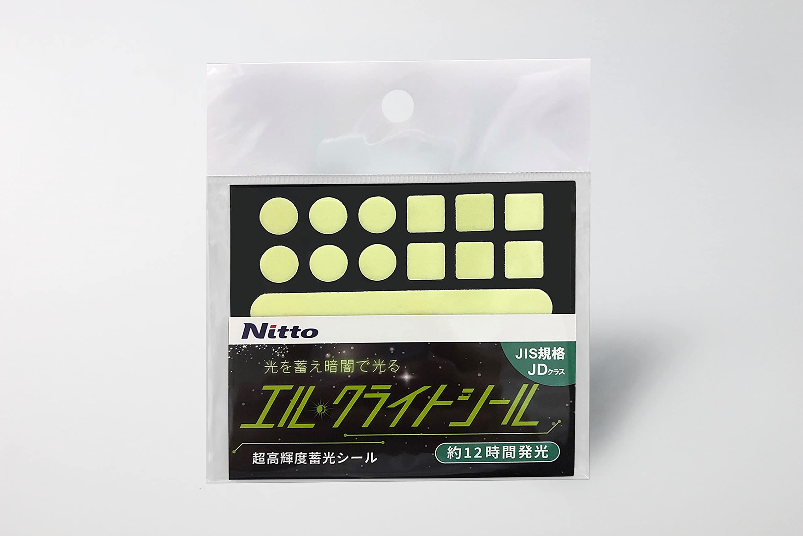 JD規格蓄光/-/NB-SHD・Style:JD規格・パッケージ個数:1・残光時間10〜12時間（使用環境によります）・1枚（丸型10mmX6枚・四角10mmX10mmX6枚・長方形10mmX80mmX5枚）防災用途に開発されたテープです。...