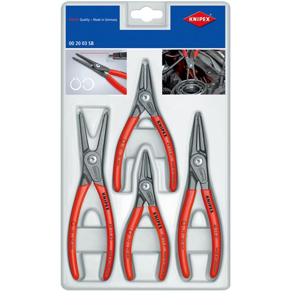 ■商品内容●使用頻度の高い精密軸用・穴用スナップリングプライヤー4本セット。●視覚効果の高いパッケージデザイン。（フック用の幅広穴が空いています）●パッケージ材質は頑丈なプラスチック製で、ツールキャビネット内のツールトレイとしてご使用頂けま...